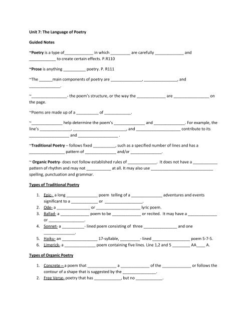 Unit 7 The Language Of Poetry Guided Notes Poetry Is A Type 