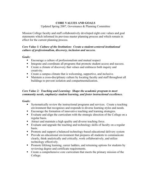CORE VALUES AND GOALS - Mission College