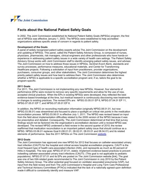 Facts about the National Patient Safety Goals - Joint Commission