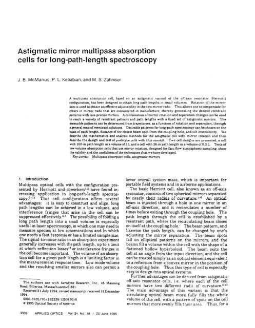 Astigmatic mirror multipass absorption cells for long-path-length ...