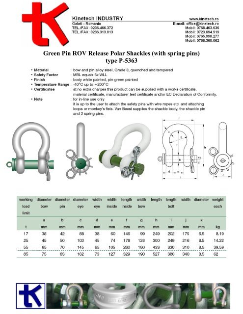 Green Pin ROV Release Polar Shackles (with spring pins ... - Kinetech