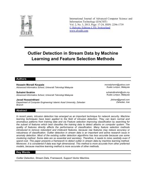 Outlier Detection In Stream Data By Machine Learning And Feature Selection Methods Pdf