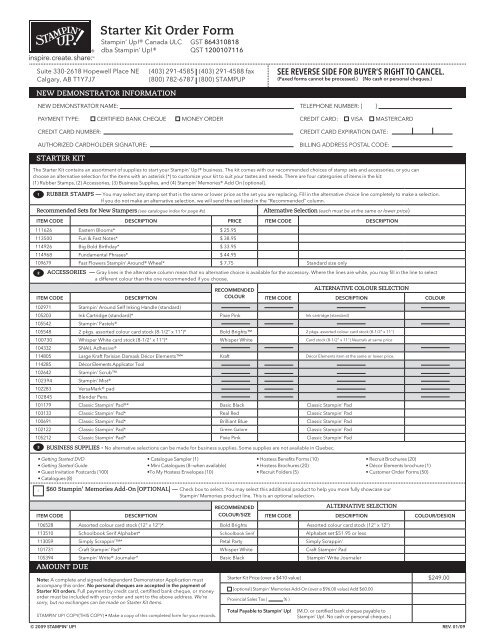 Standard Starter Kit order form - Stampin' Up!
