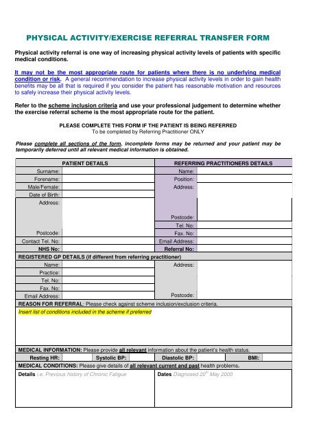 Sample Exercise Referral Transfer Form - BHF National Centre ...