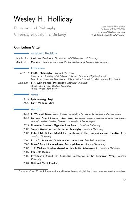 CV - Philosophy - University of California, Berkeley