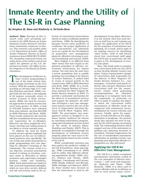 Inmate Reentry and the Utility of The LSI-R in Case Planning