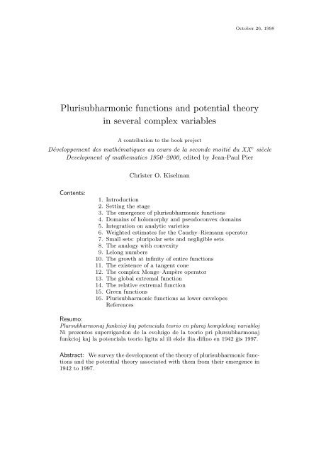 Plurisubharmonic functions and potential theory in several complex ...