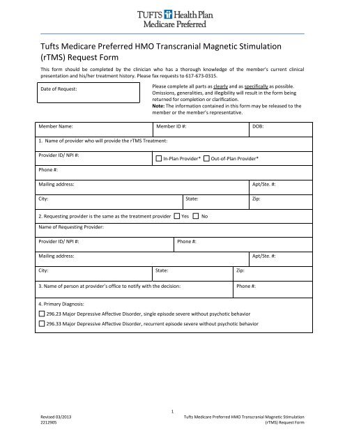 rTMS Request Form-Tufts Medicare Preferred HMO - Tufts Health Plan