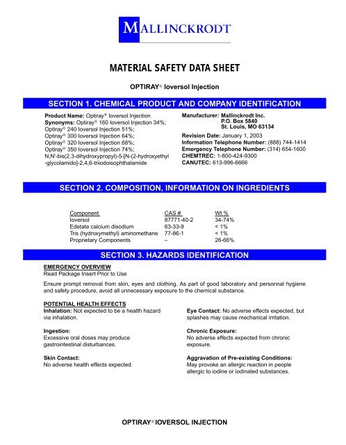 MSDS OPTIRAY Ioversol Injection