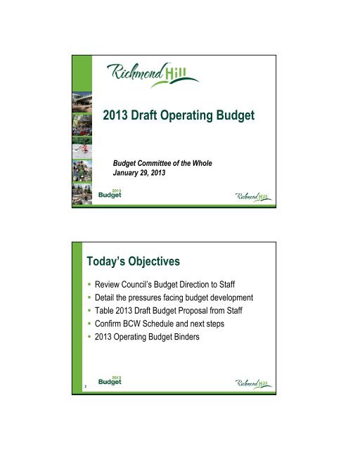 2013 Draft Operating Budget - Town of Richmond Hill