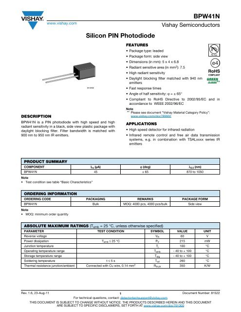 BPW41N Silicon PIN Photodiode - Vishay