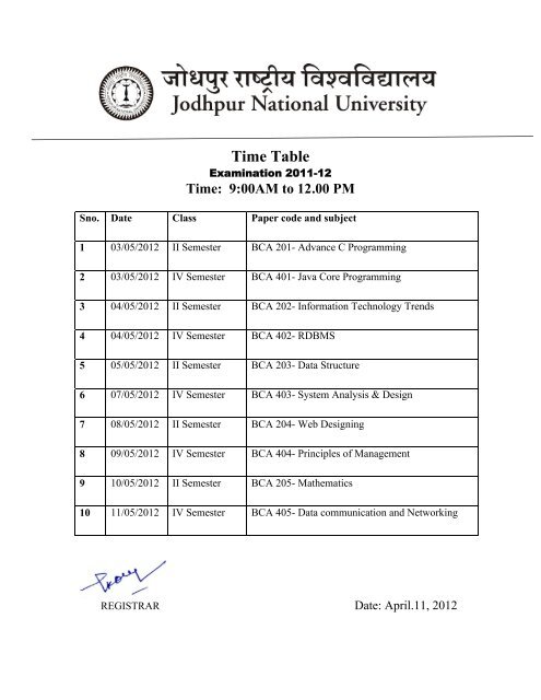 Time Table - Jodhpur National University