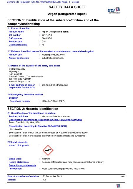 Argon refrigerated liquid - Safety data sheet - Europe - OCI Nitrogen