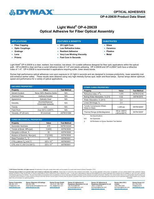 Dymax OP-4-20639 Optical Adhesive Product Data Sheet