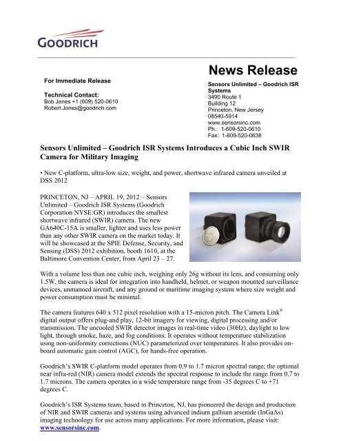 Goodrich ISR Systems Introduces a Cubic Inch SWIR Camera for ...