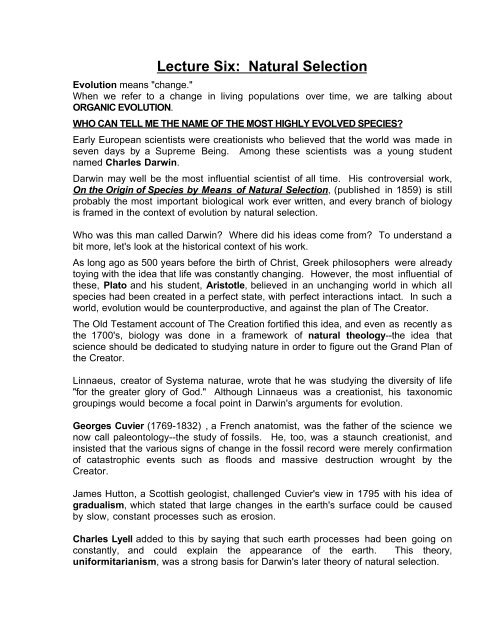 Lecture Six: Natural Selection