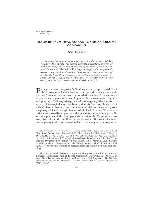augustine's de trinitate and lonergan's realms of meaning