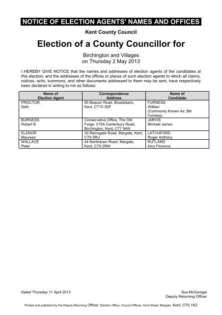 Notice of election agents - Thanet District Council
