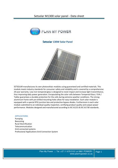Setsolar M1300 solar panel - Data sheet - Plan my power
