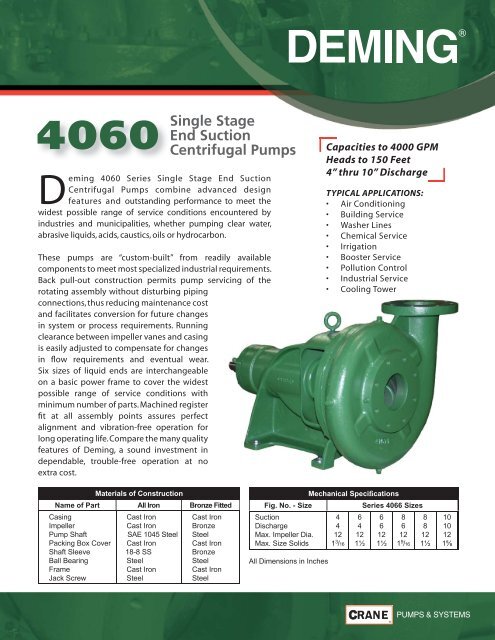 Deming 4060 Series Single Stage End Suction - Crane Pumps ...
