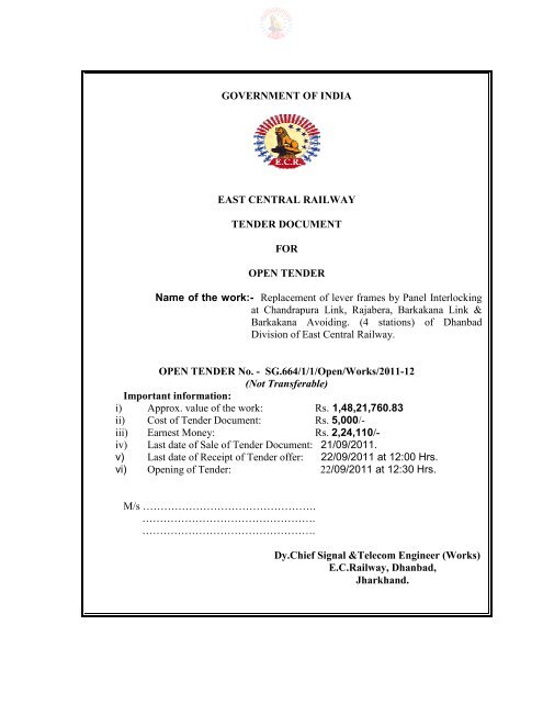 GOVERNMENT OF INDIA EAST CENTRAL RAILWAY TENDER ...