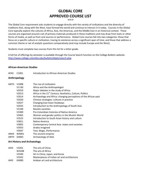Global Core List of Approved Courses - Columbia College