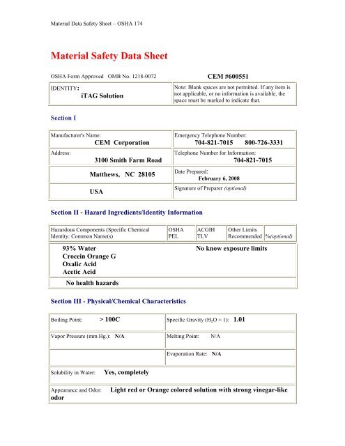 Material Safety Data Sheet - OSHA 174