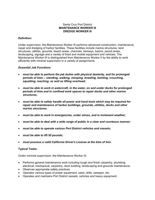 Full Job Description for Dredge Worker III - Santa Cruz Harbor