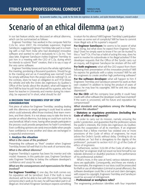 Scenario of an ethical dilemma - Ordre des ingénieurs du Québec