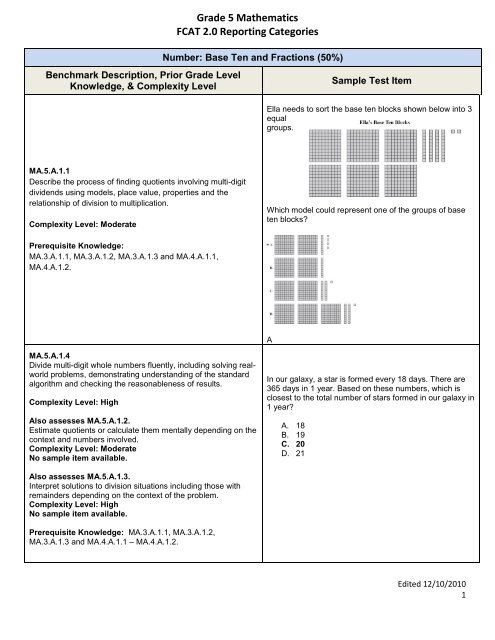 Grade 5 Mathematics FCAT 2 0 Reporting Categories Grade 5 Mathematics FCAT 2 0 Reporting Categories