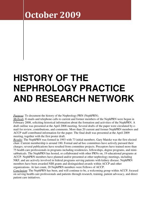 October 2009 HISTORY OF THE NEPHROLOGY ... - ACCP