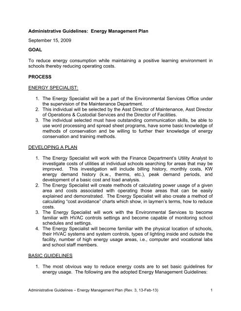 UCPS Energy Management Plan Administrative Guidelines - Facilities