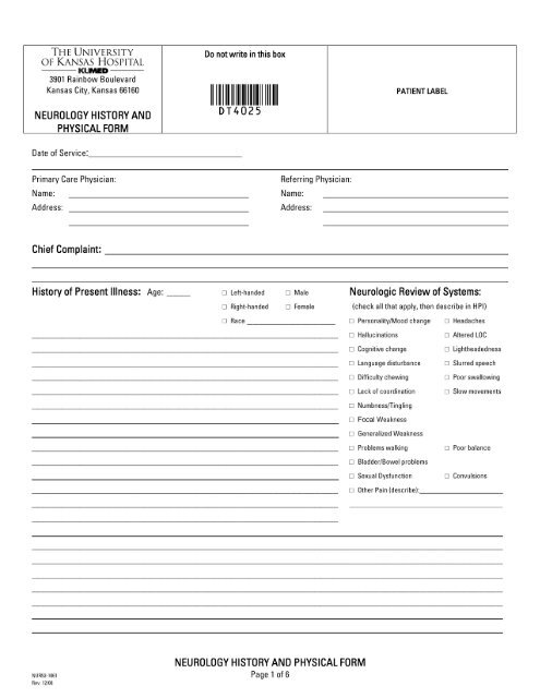 Neurology History Physical Form - University of Kansas Medical ...