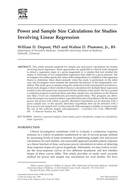 Power and Sample Size Calculations for Studies Involving Linear ...