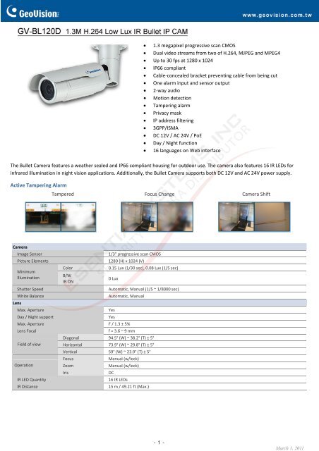â ¢ 1.3 megapixel progressive scan CMOS â ¢ Dual video streams from ...