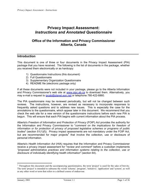 Privacy Impact Assessment: Instructions and Annotated Questionnaire