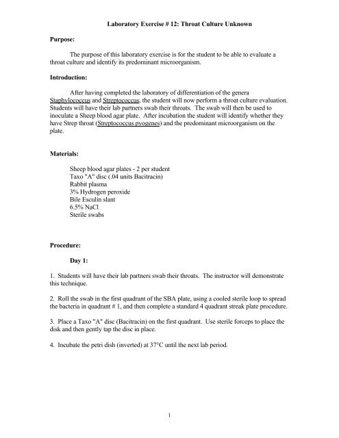 Laboratory Exercise # 12: Throat Culture Unknown Purpose: The ...
