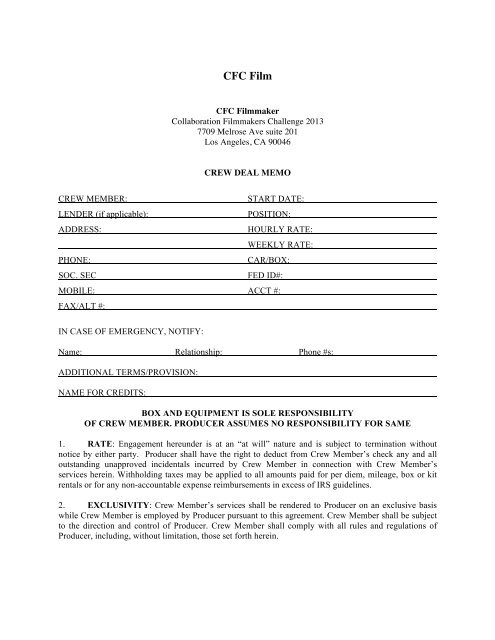 CFC Crew Deal Memo pdf Collaboration Filmmakers Challenge