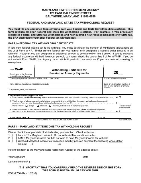 Federal and Maryland State Tax Withholding Request (form 766) Federal and Maryland State Tax Withholding Request (form 766)