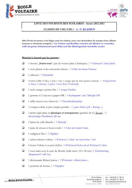 Liste Des Fournitures Scolaires