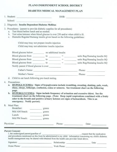 plano independent school district diabetes medical management plan