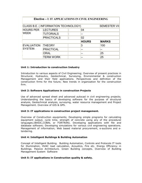 Elective â I: IT APPLICATIONS IN CIVIL ENGINEERING CLASS B.E.