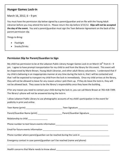 YA Hunger Games Lock-In Permission Form