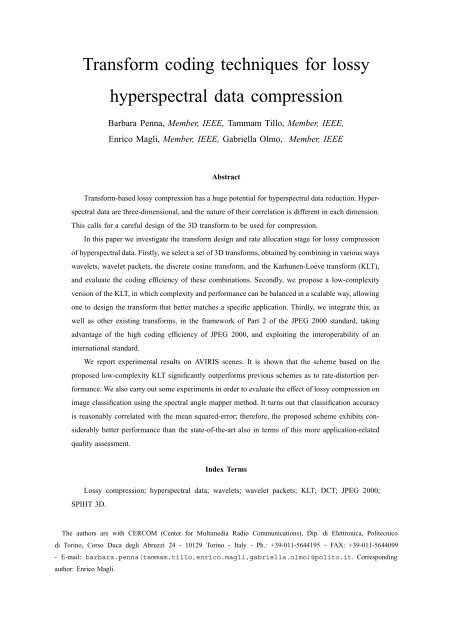 Transform Coding Techniques For Lossy Hyperspectral Data Compression