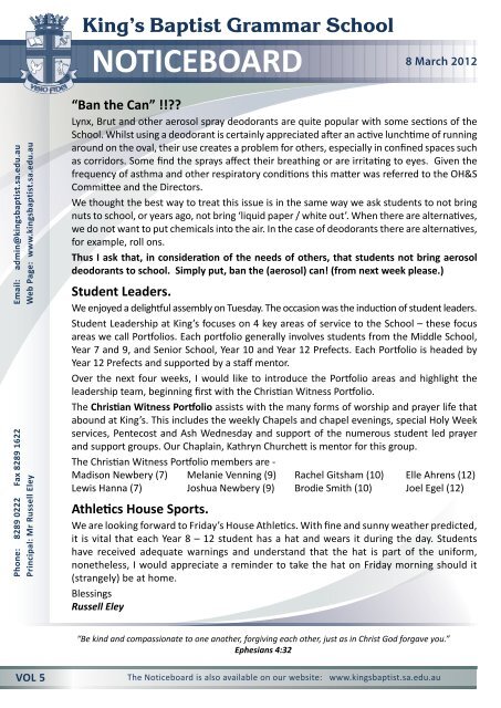 noticeboard - Kings Baptist Grammar School