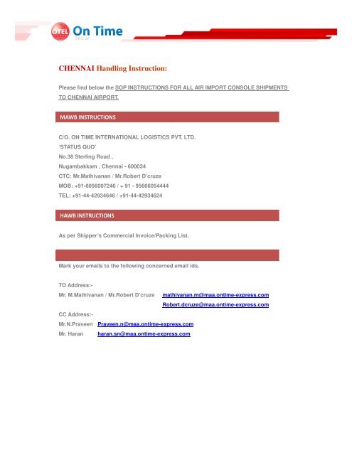 CHENNAI Handling Instruction: - On Time Express Ltd.