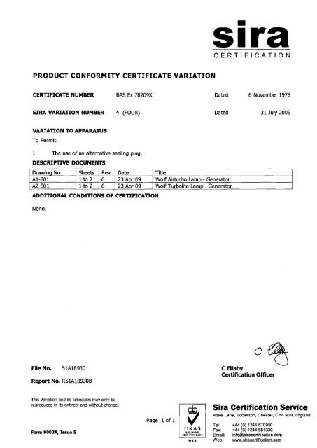 NON ATEX / SIRA Certificate - Wolf Safety Lamp Company