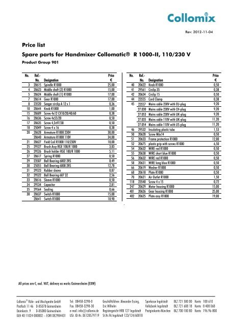 Price list Spare parts for Handmixer Collomatic® R 1000 ... - Collomix