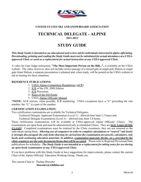TECHNICAL DELEGATE - ALPINE STUDY GUIDE - USSA