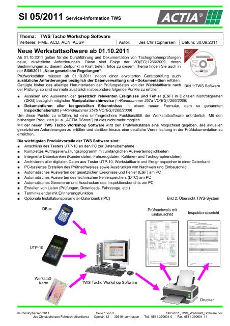 Information zu ACTIA TWS Tacho Workshop Software - F+T Service